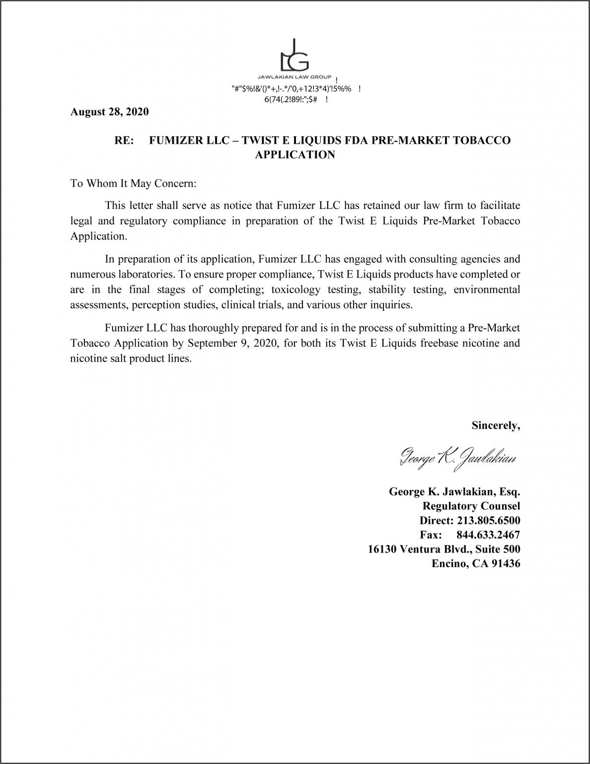 TWIST E-Liquids PMTA Letter of Intent - Twist E-liquids